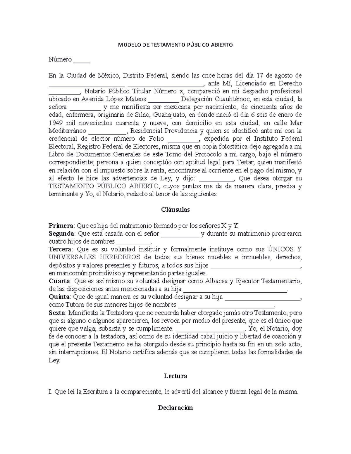 Modelo DE Testamento Publico Abierto - MODELO DE TESTAMENTO PÚBLICO ...