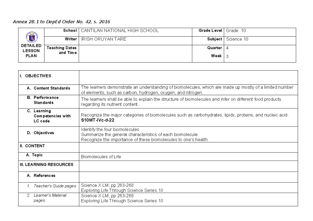 LP Final JHS - Detailed Lesson Plan for Grade 10 Science: Biomolecules - Studocu