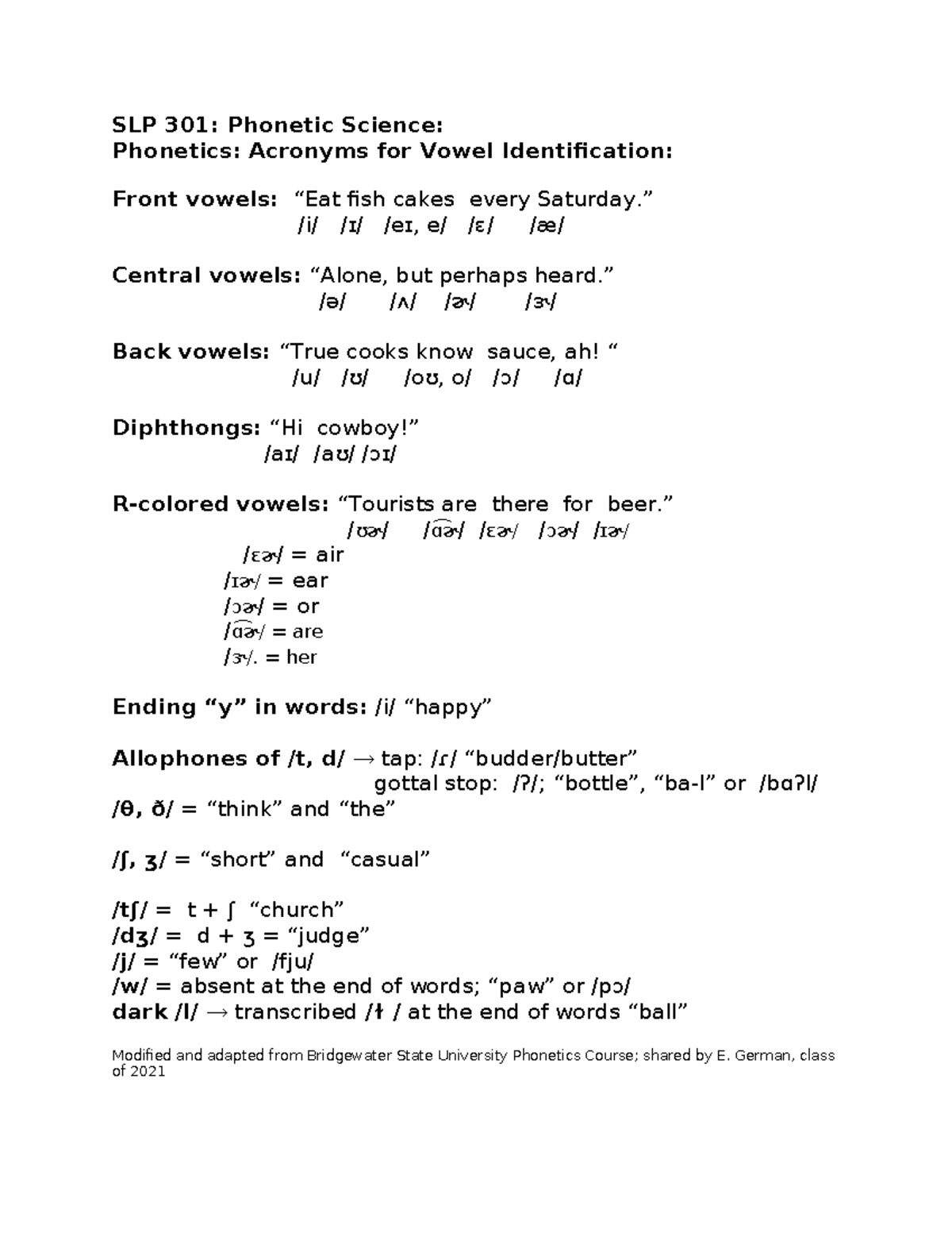 SLP 301: Phonetic Science Guide to Vowel Identification and Allophones ...