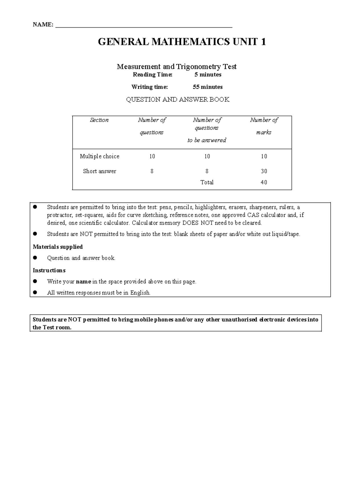 2023 General Mathematics Unit 1 Measurement & Trig Test-SAC 1 - Studocu