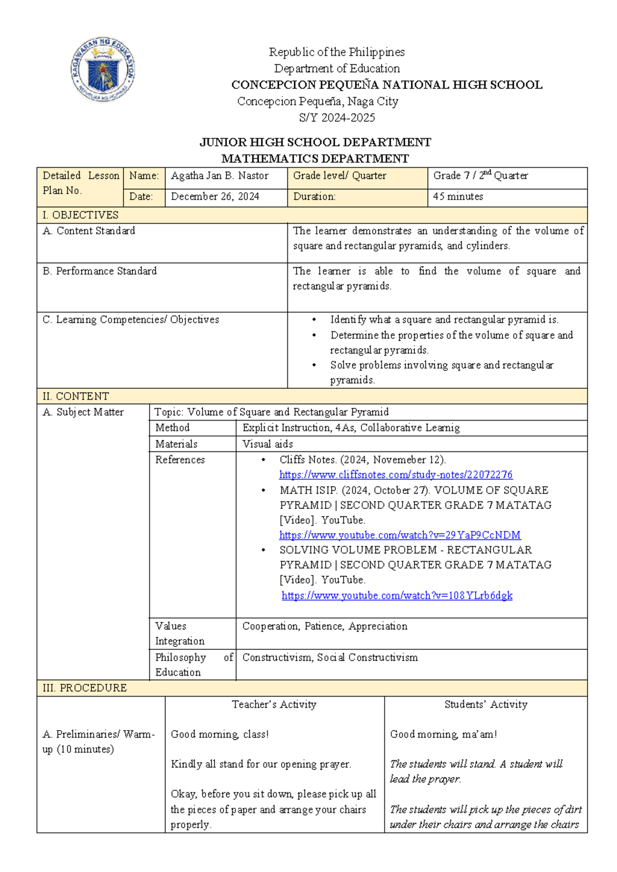 Grade 7 Math Lesson Plan: Volume of Square & Rectangular Pyramids - Studocu