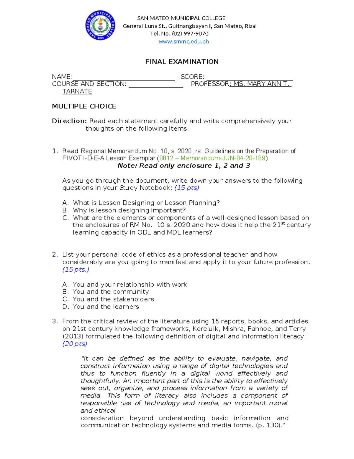 Final Exam Review Notes for Course on Lesson Planning and Ethics - Studocu