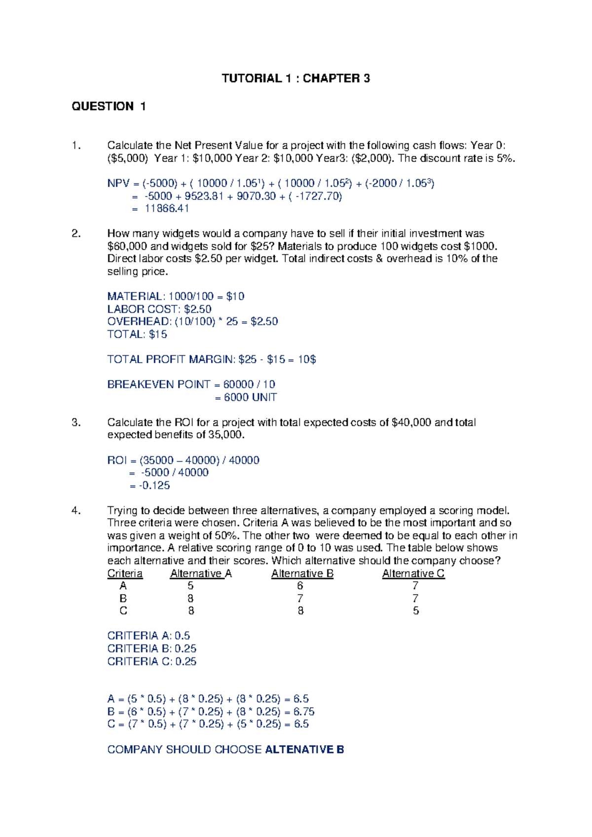 TUTORIAL 1: CHAPTER 3 - NPV, ROI, and Financial Models Analysis - Studocu