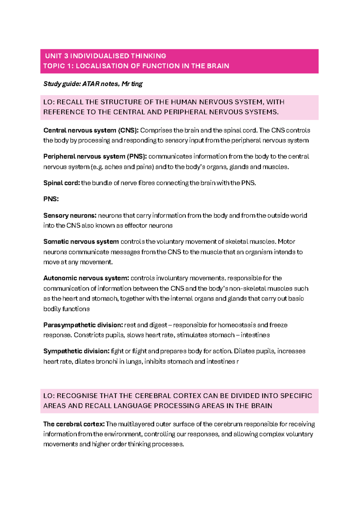 Psychology Notes: Unit 3 & 4 Study Guide on Brain Function and Memory ...