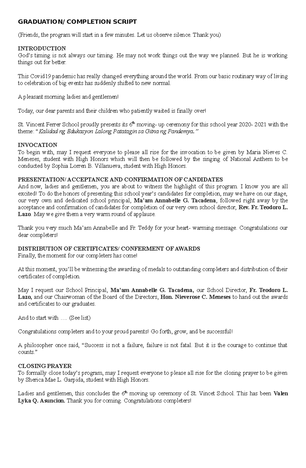 Graduation - GRADUATION/ COMPLETION SCRIPT (Friends, the program will ...