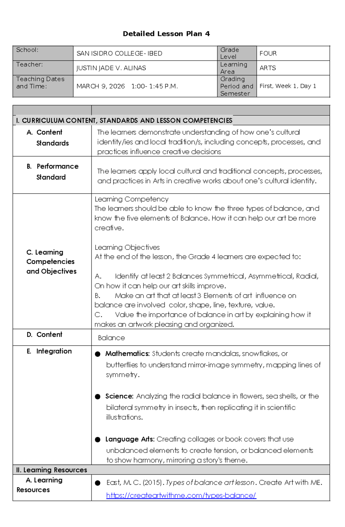 Final Detailed Lesson Plan (DLP) for Grade 4 Arts: Balance Concepts ...