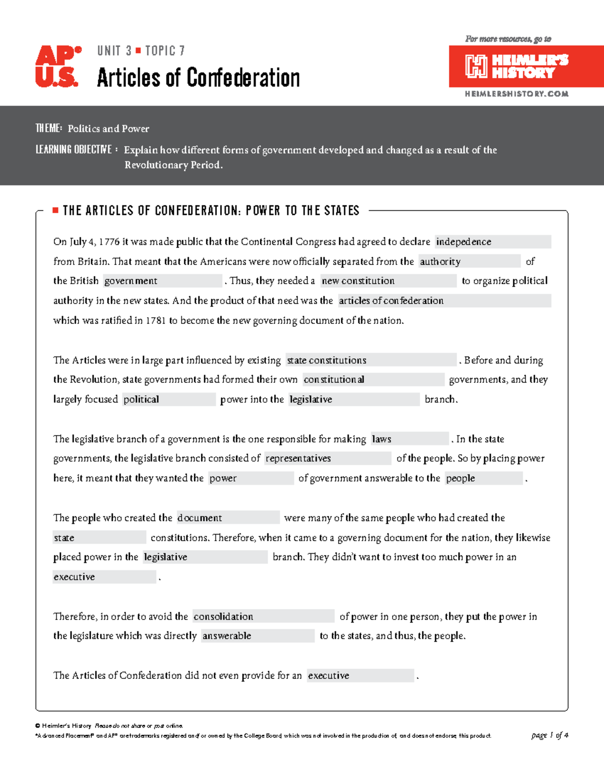 APUSH Unit 3.7: Articles of Confederation Review Notes - Studocu
