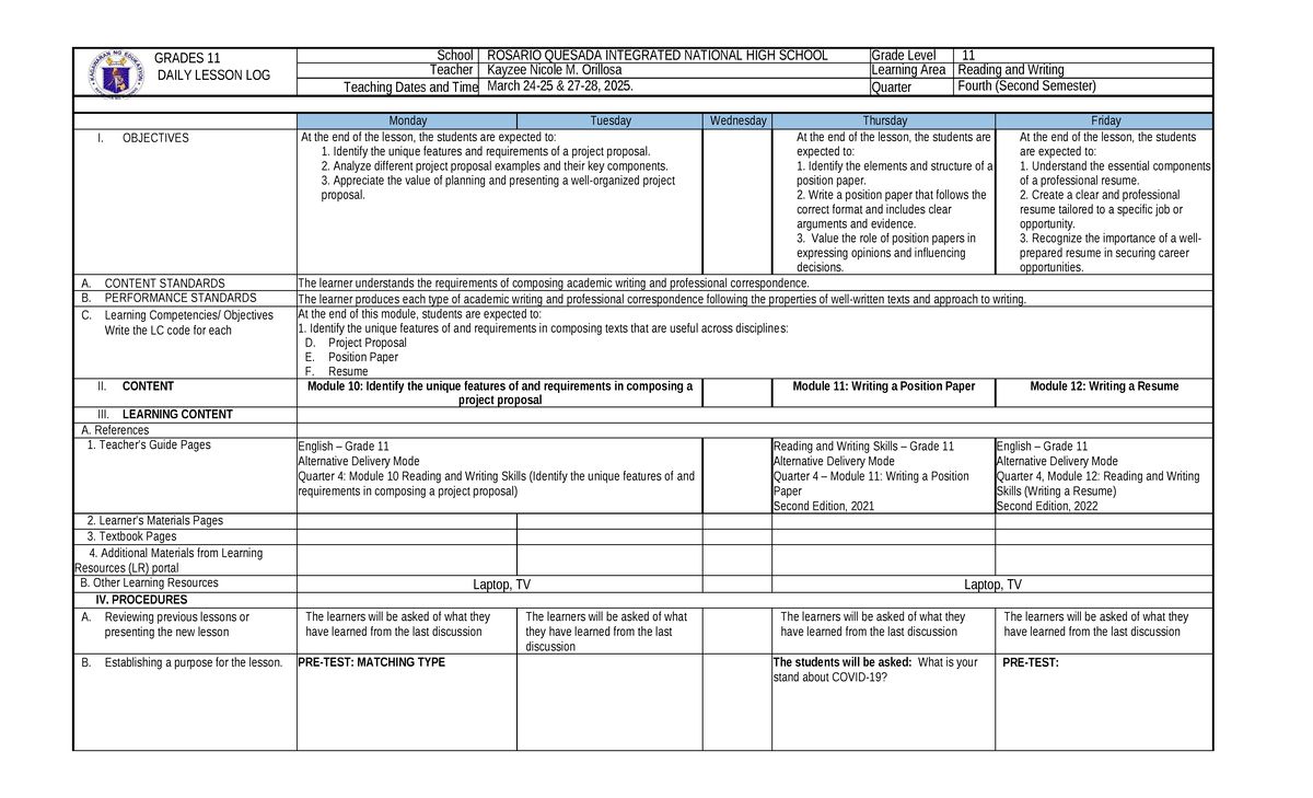 RWS DLL WEEK 6 - Daily Lesson Log for Grade 11 Writing Skills - Studocu