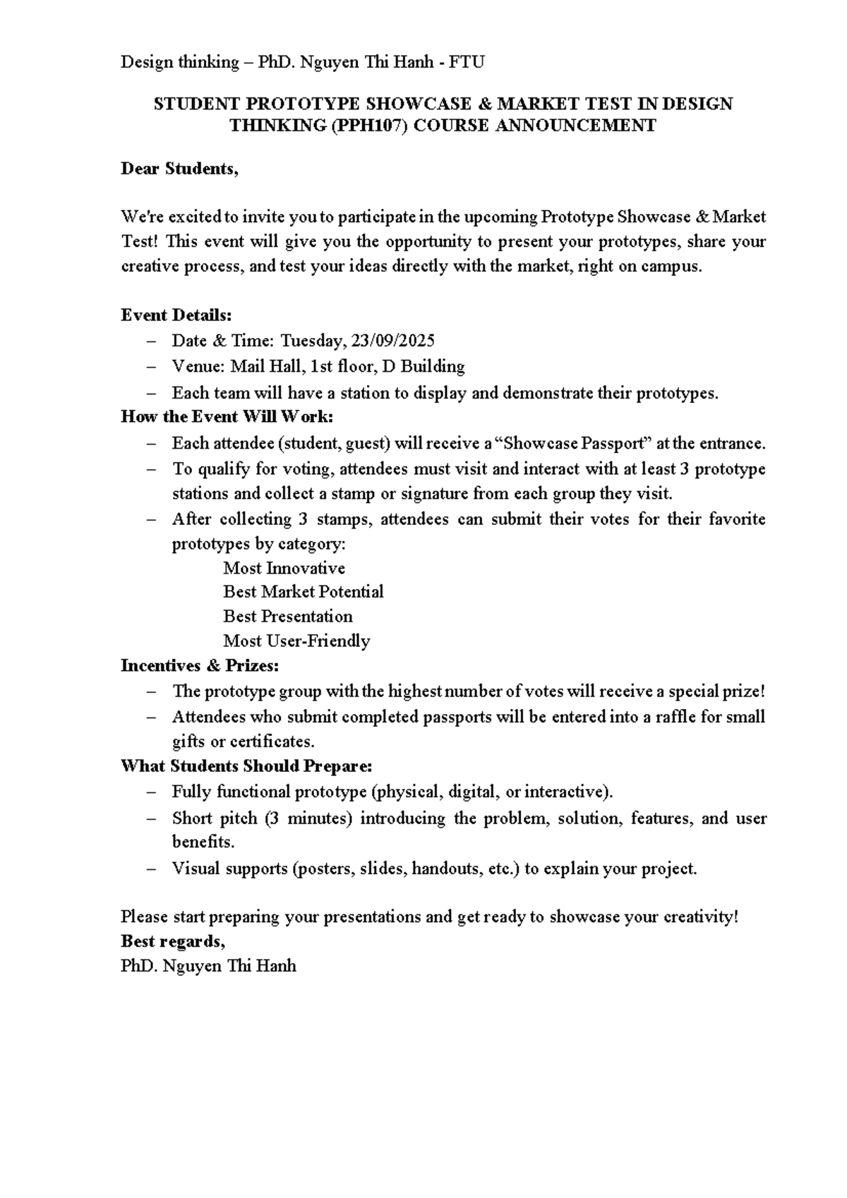 Prototype Showcase Prep for PPH107 - Design Thinking Event - Studocu