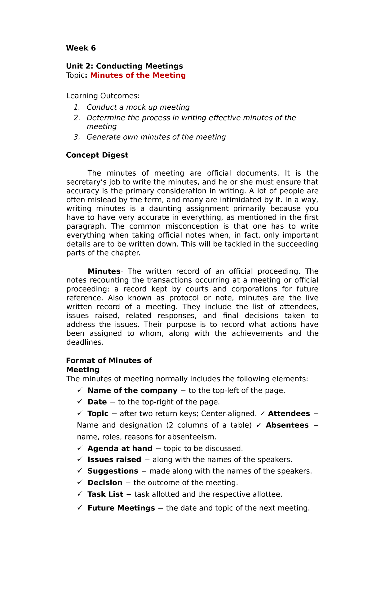 Unit 2: Effective Minutes of the Meeting - Week 6 Guide - Studocu