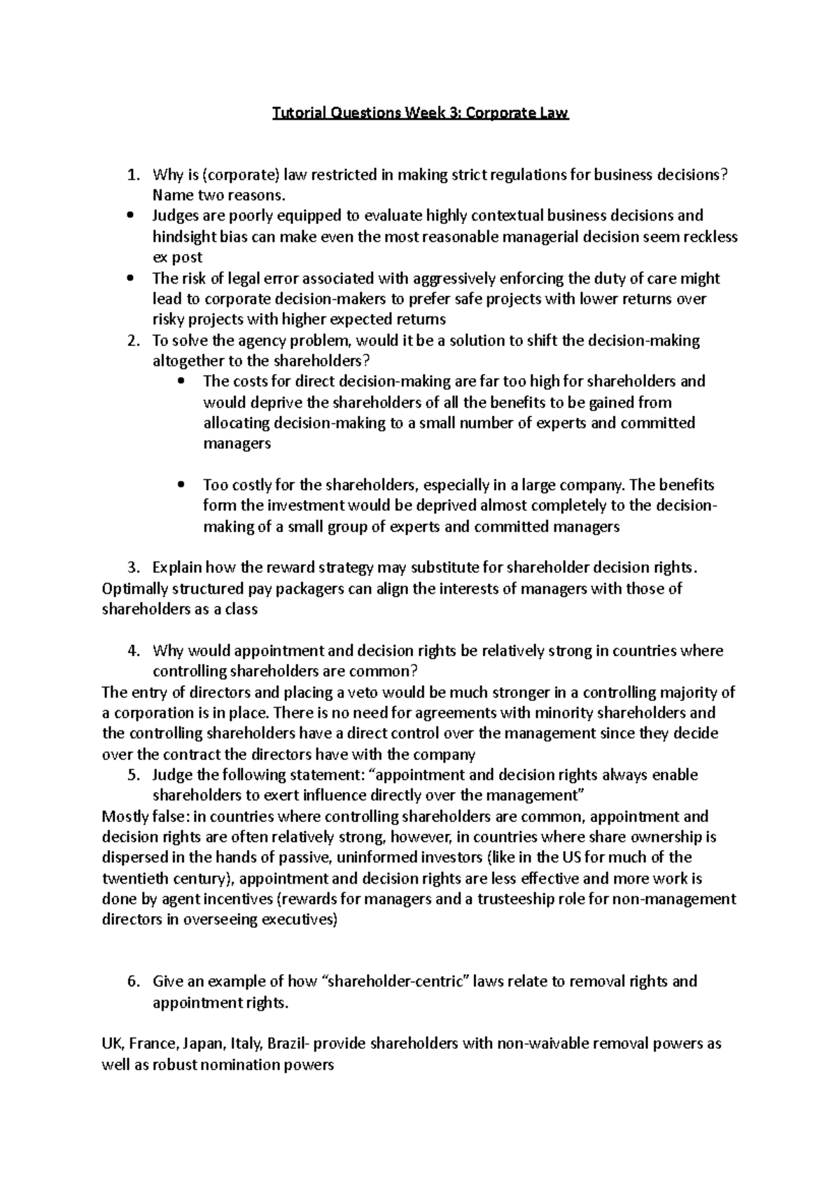 Corporate Law Tutorial Questions - Week 3 Analysis and Insights ...