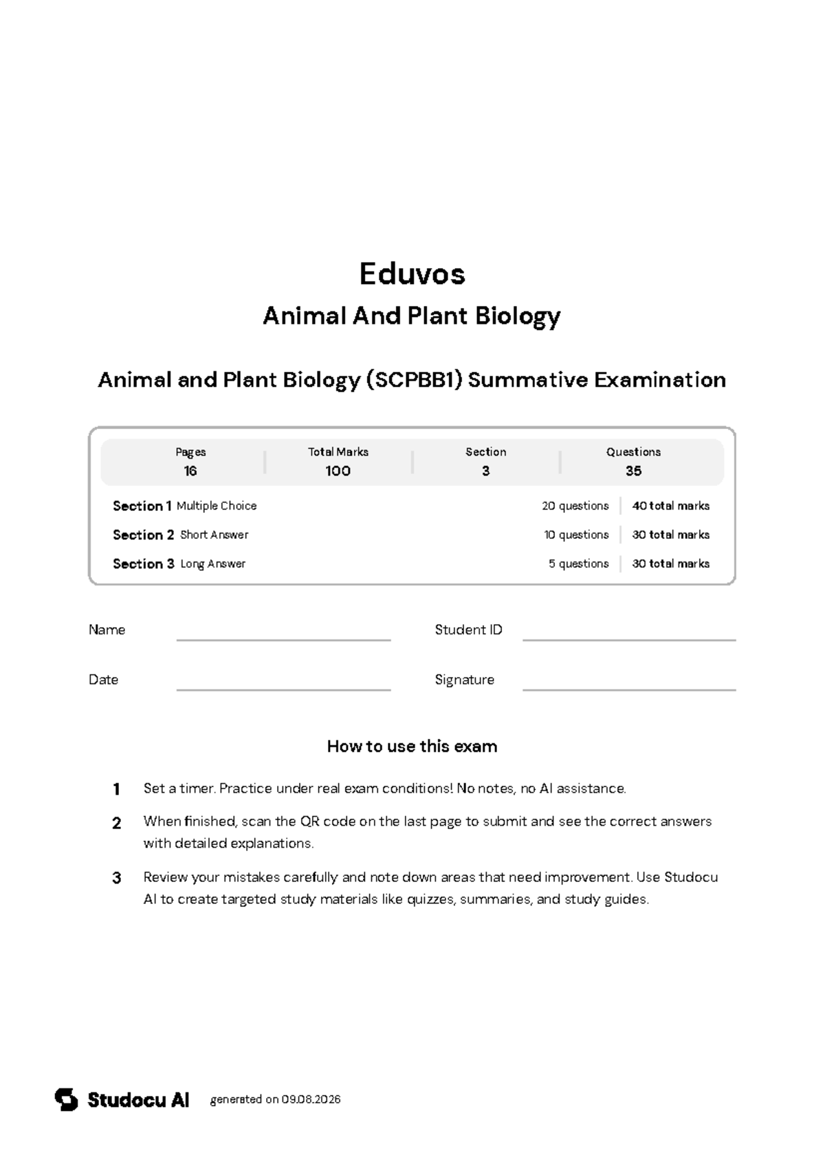 SCPBB1 Final Exam: Animal and Plant Biology - Studocu