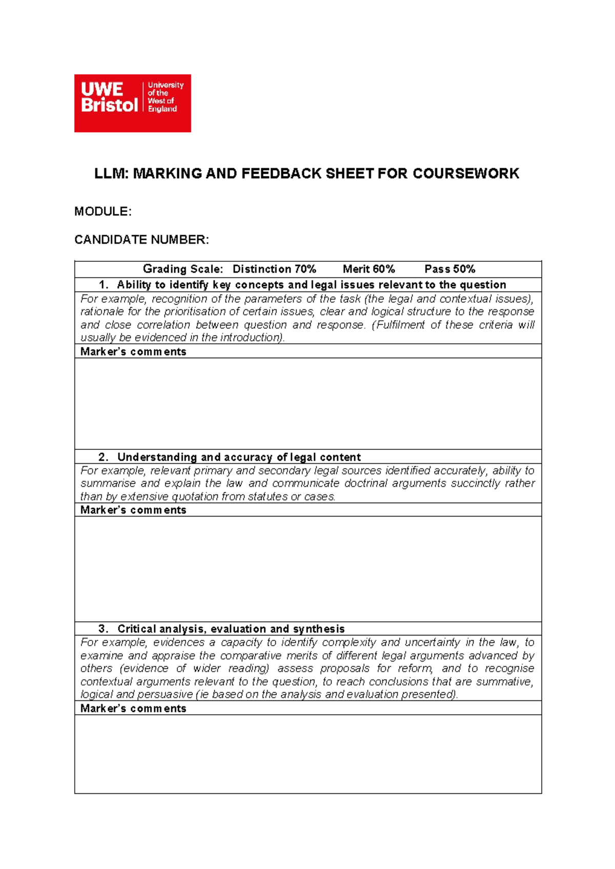 LLM: Coursework Feedback & Grading Criteria Sheet - Studocu