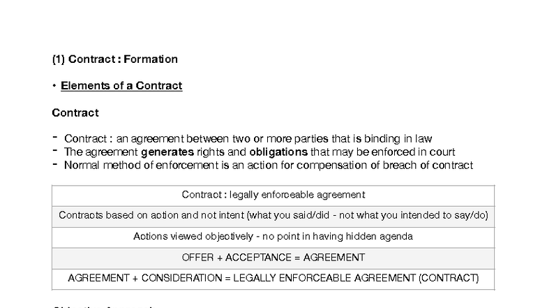Contract Law (LAW101): Key Elements of Contract Formation - Studocu