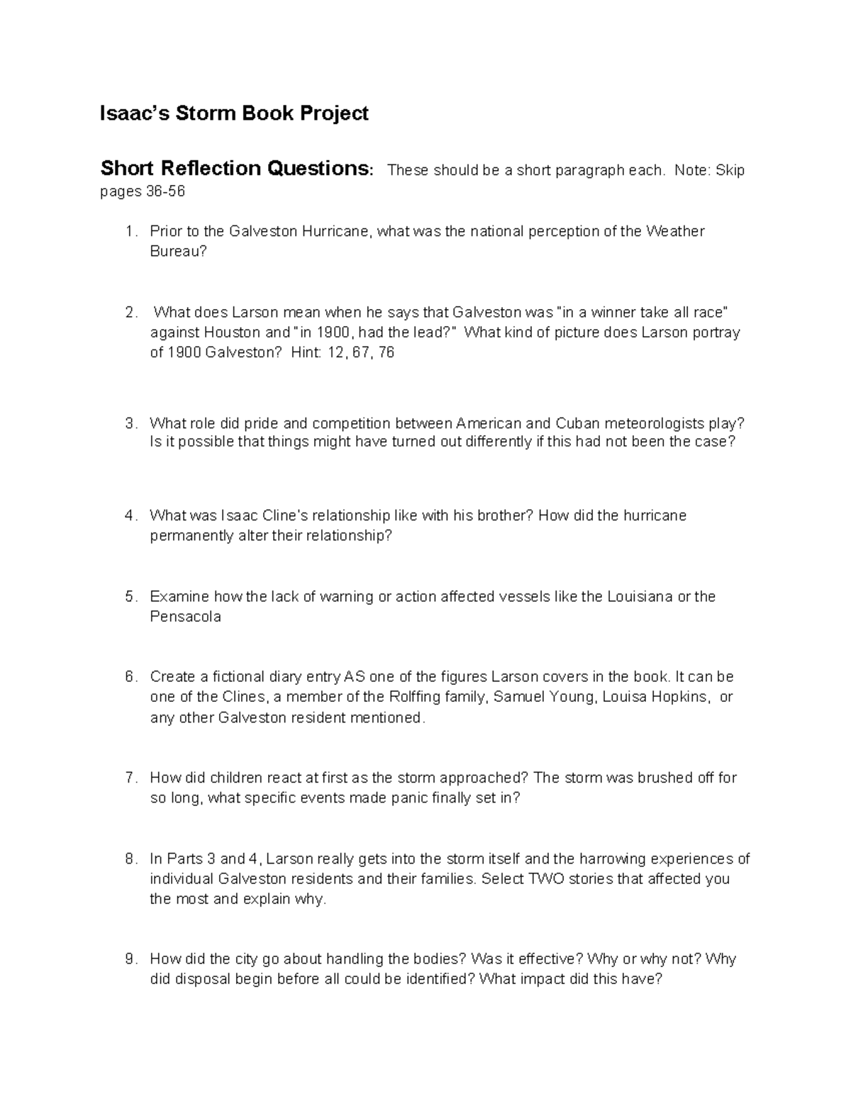 Isaac's Storm Book Project Reflection Questions & Essay Prompts - Studocu