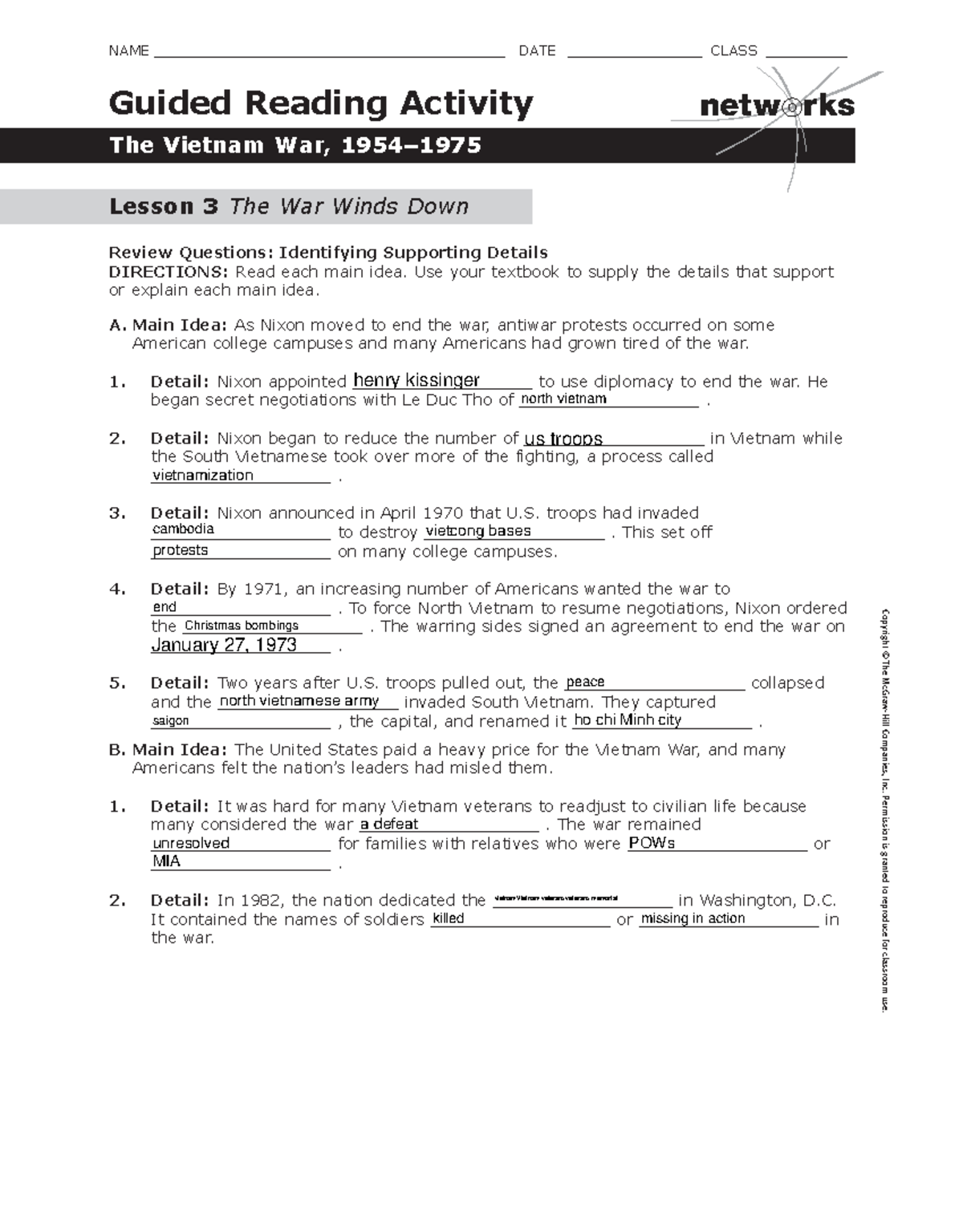 Wrksht 17-3: Guided Reading Activity on The Vietnam War, Lesson 3 - Studocu