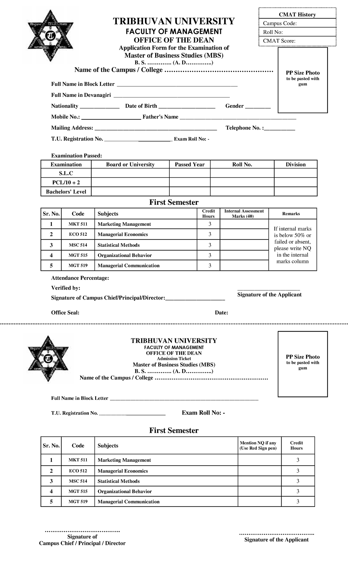 Exam Form for MBS & MPA 1st Semester - TRIBHUVAN UNIVERSITY - Studocu