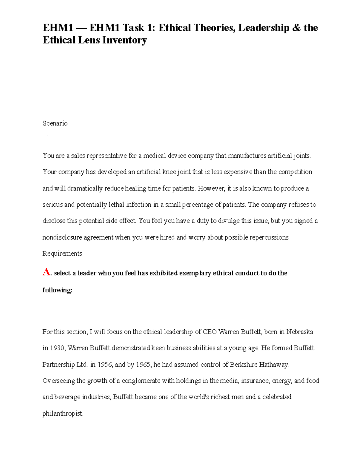 Scenario 1 - EHM1 Task 1: Ethical Theories, Leadership & the Ethical ...