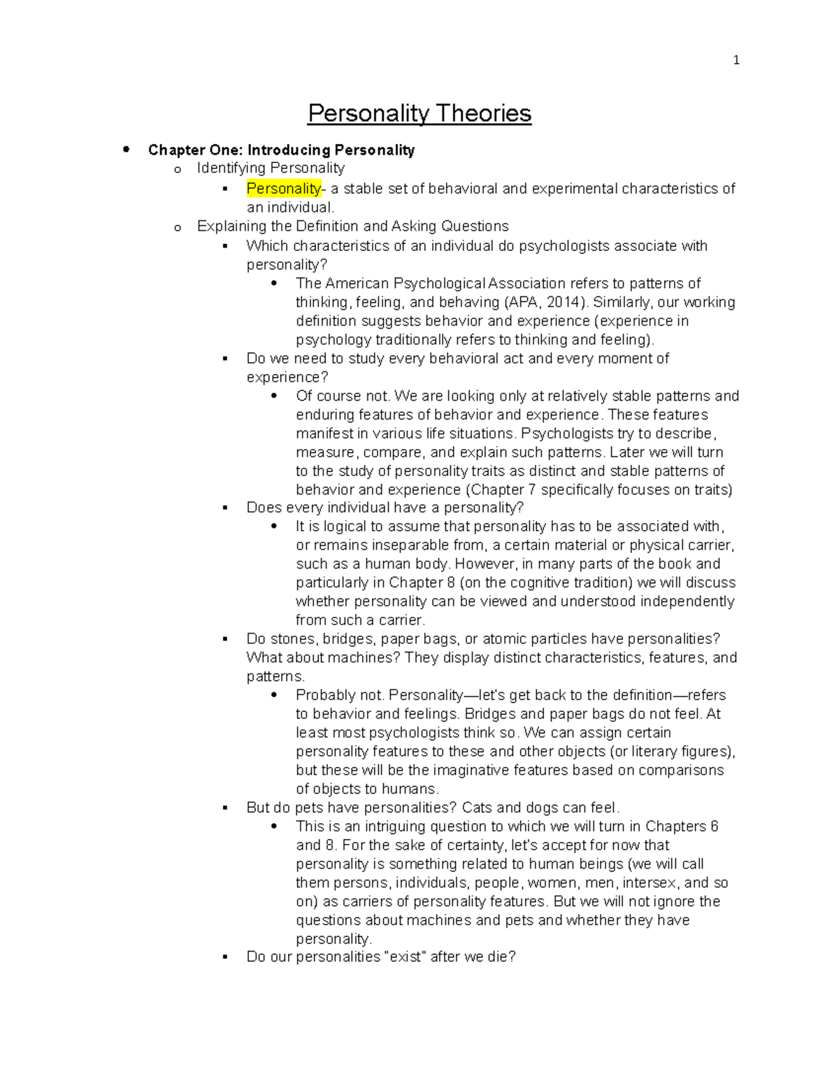Personality Theories Chapter Notes - Personality Theories Chapter One ...