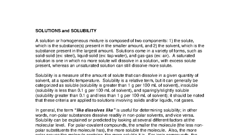 Solubility and Solutions: Key Concepts and Stoichiometry Notes - Studocu