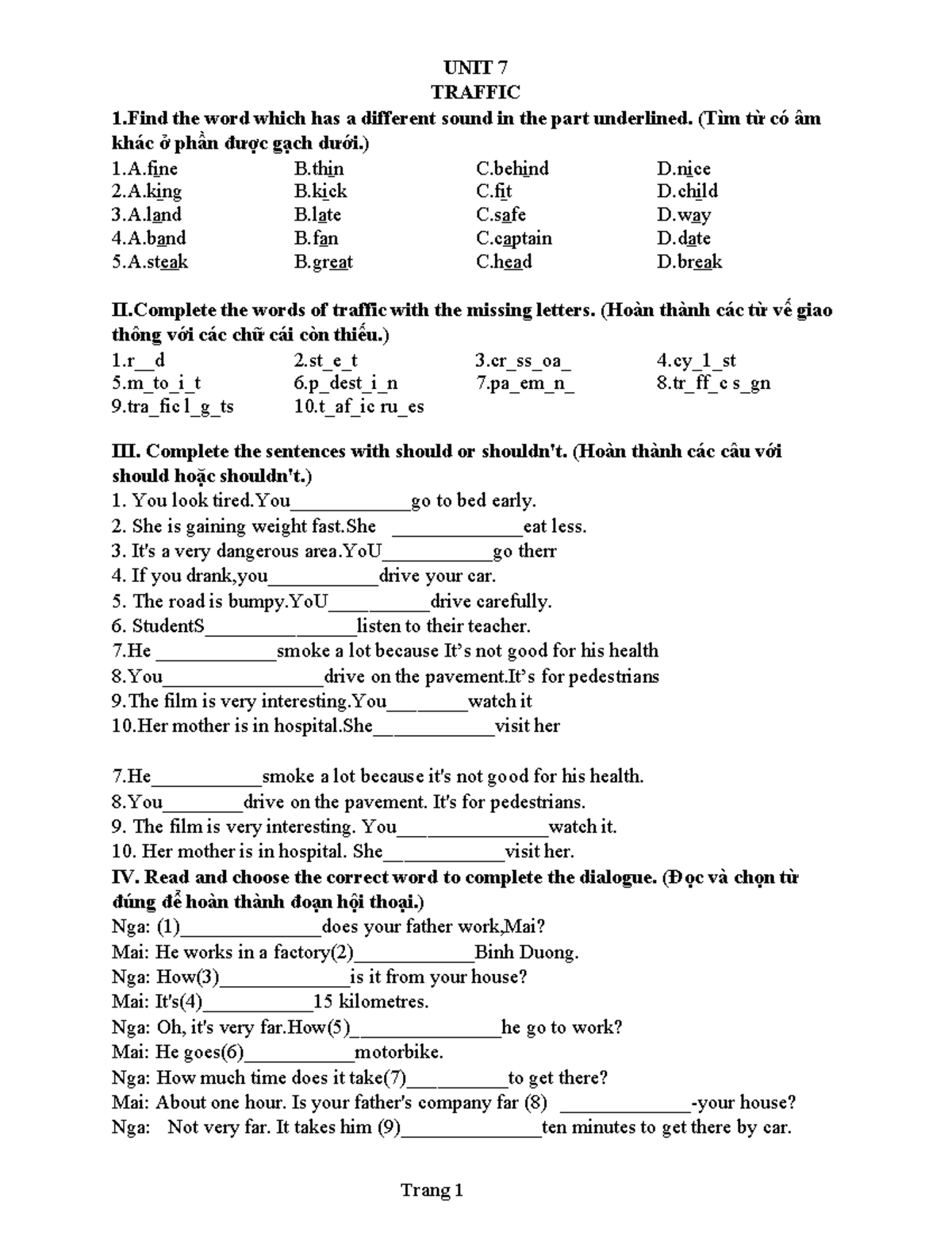 UNIT 7 TRAFFIC: Sound Differentiation and Vocabulary Exercises - Studocu