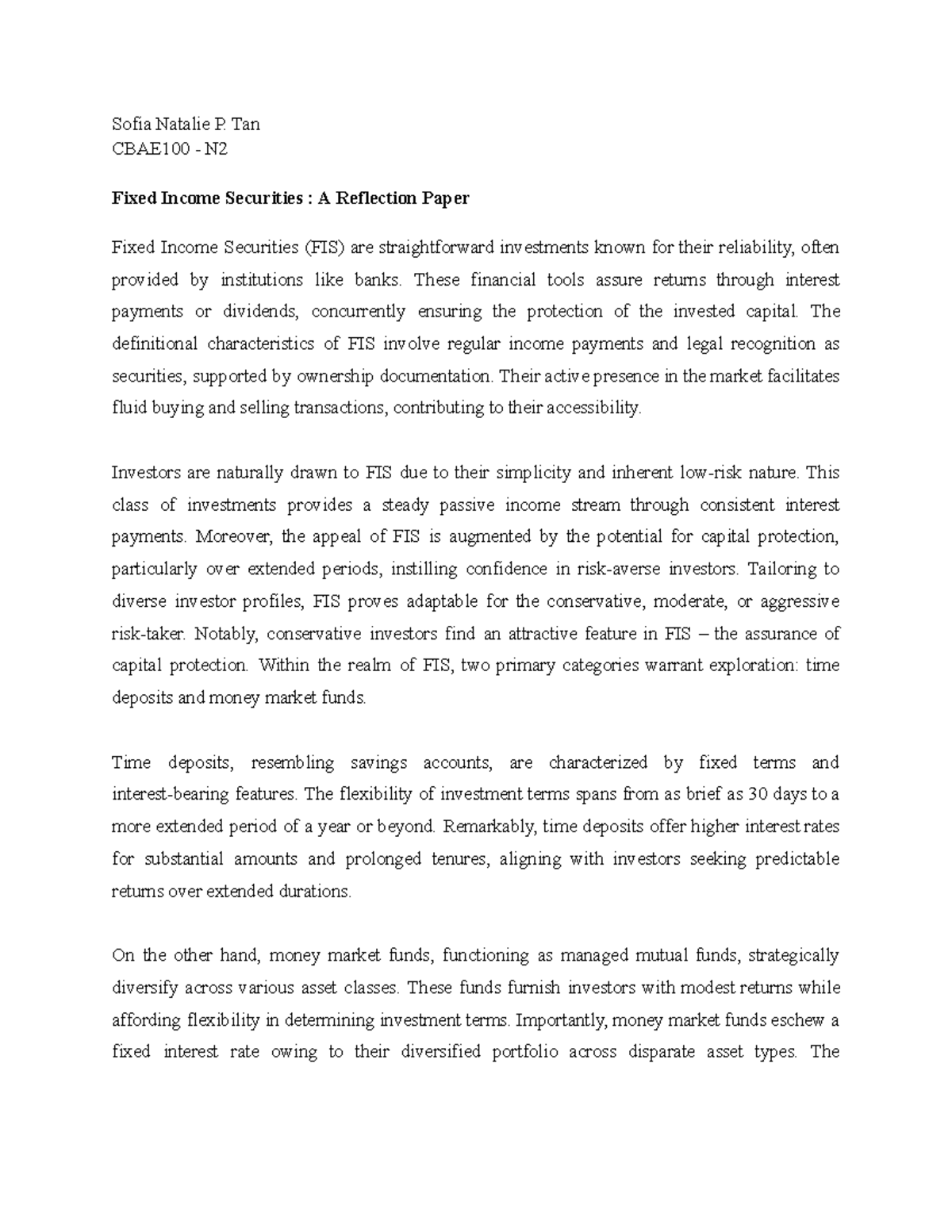 CBAE100-N: Reflection Paper on Fixed Income Securities (FIS) - Studocu