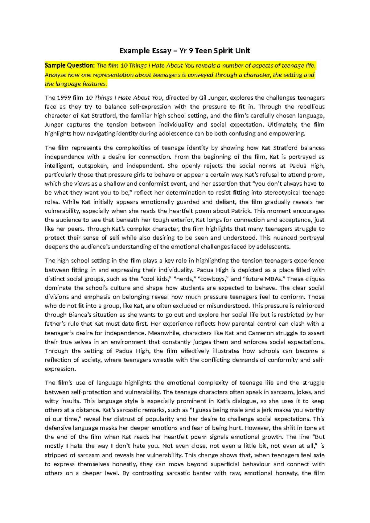 Yr 9 Essay: Analyzing Teen Identity in "10 Things I Hate About You ...