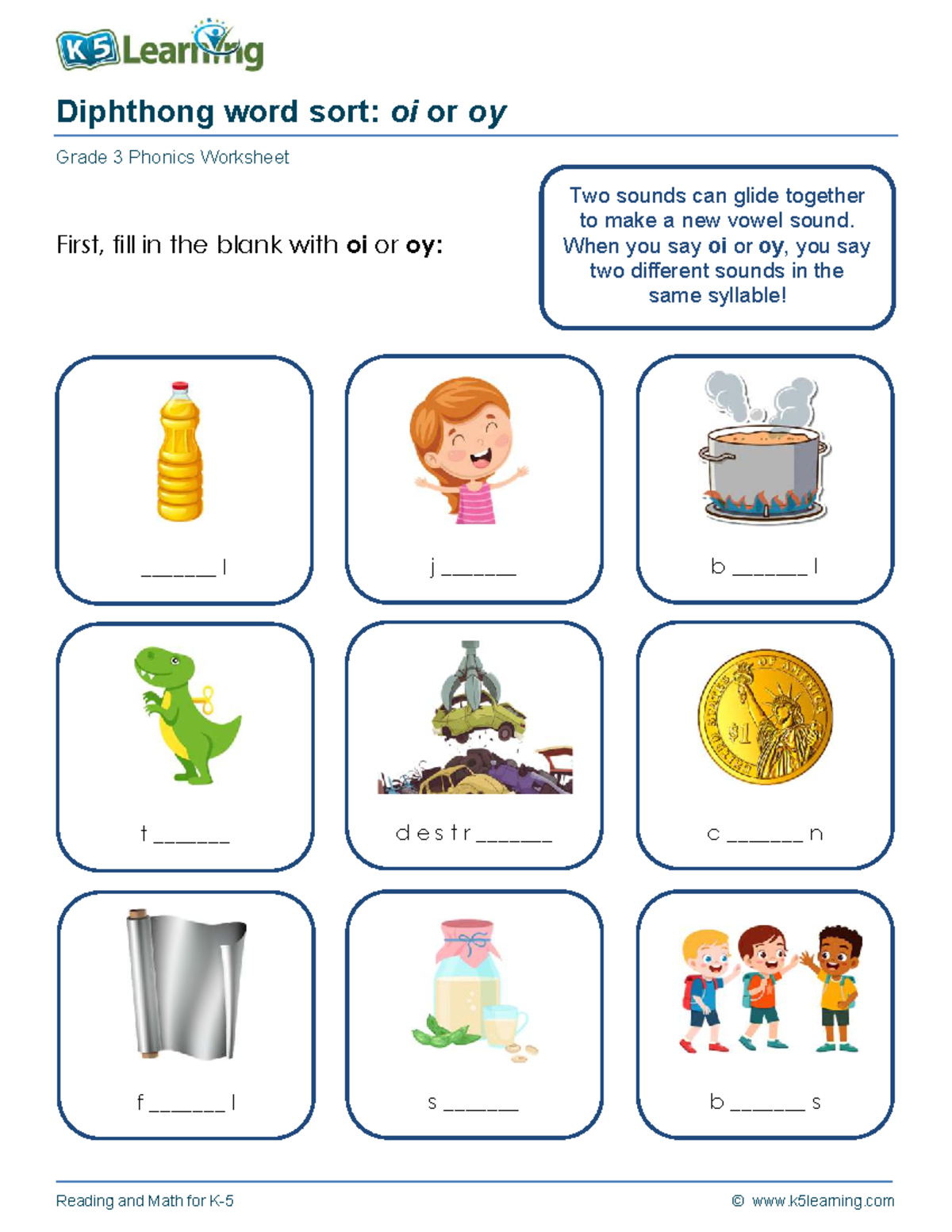 READING DIPTHONGS - Reading and Math for K-5 © k5learning Diphthong ...