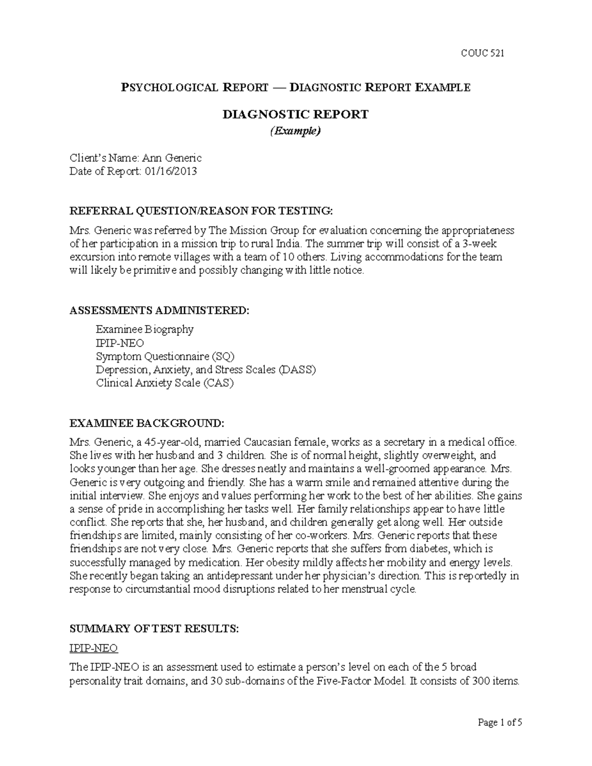 Psychological Report - Diagnostic Assessment Example for Case Study ...