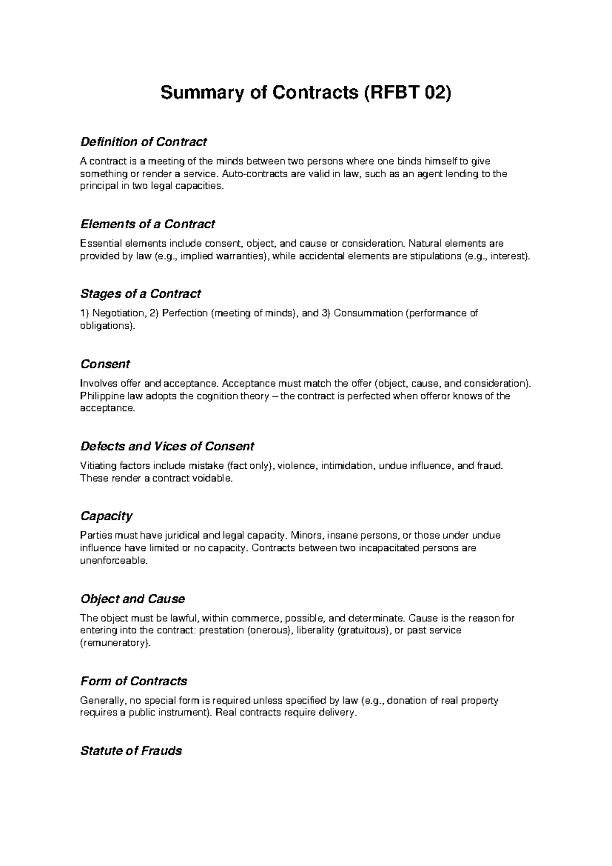 Summary of Contracts (RFBT 02): Key Elements and Stages - Studocu