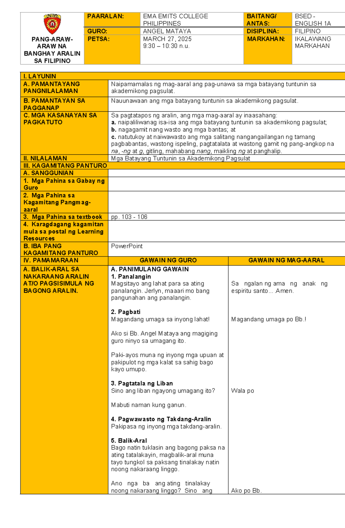 Fildis LP - Lesson plan sa batayang tuntunin ng akademikong pagsulat ...