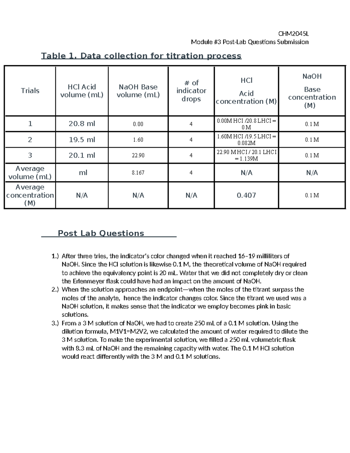 CHM2045L Module #3 Post-Lab Questions and Data Analysis - Studocu