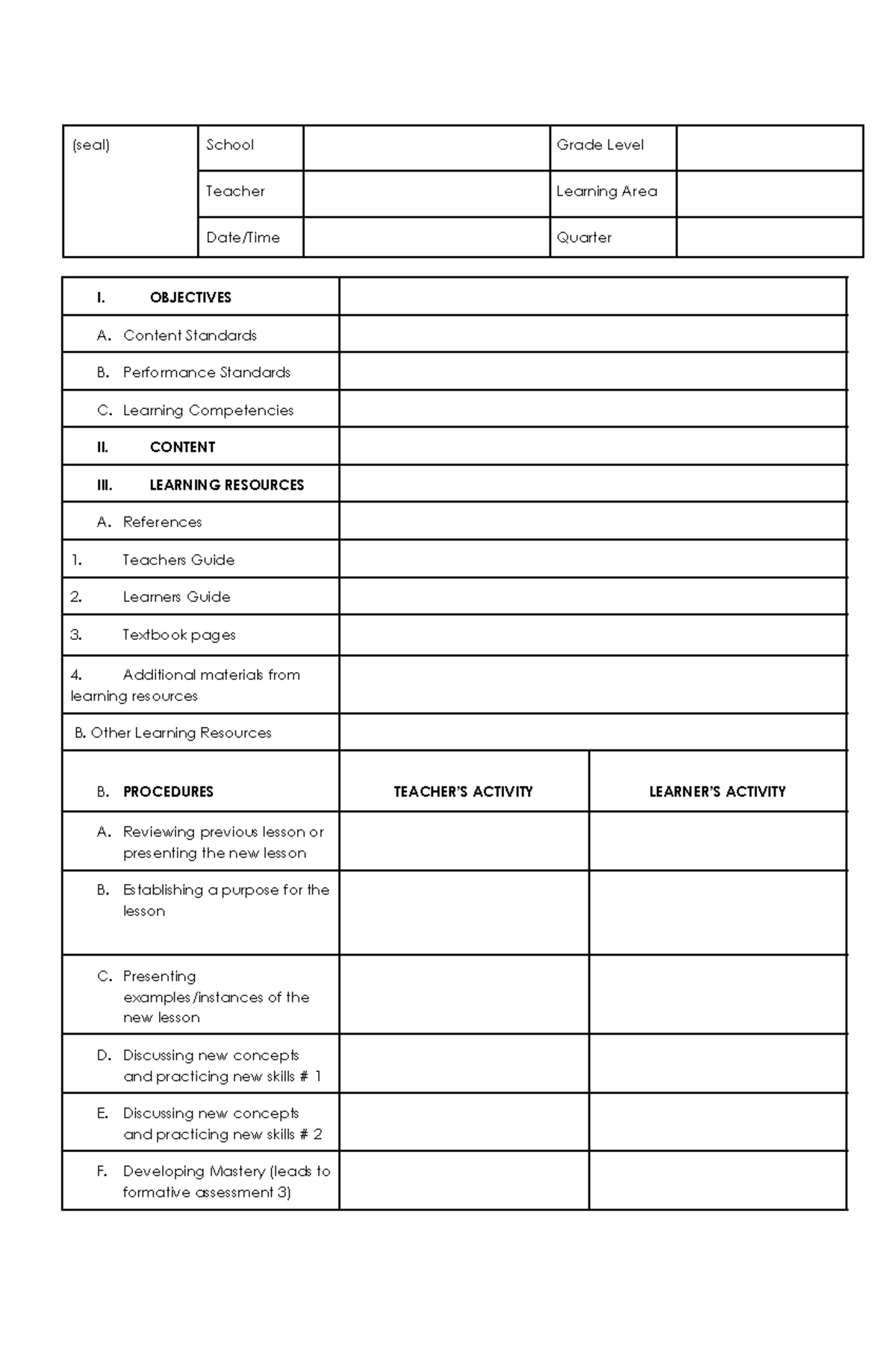 K12 Lesson Plan Template A for English - Graded Activities and ...