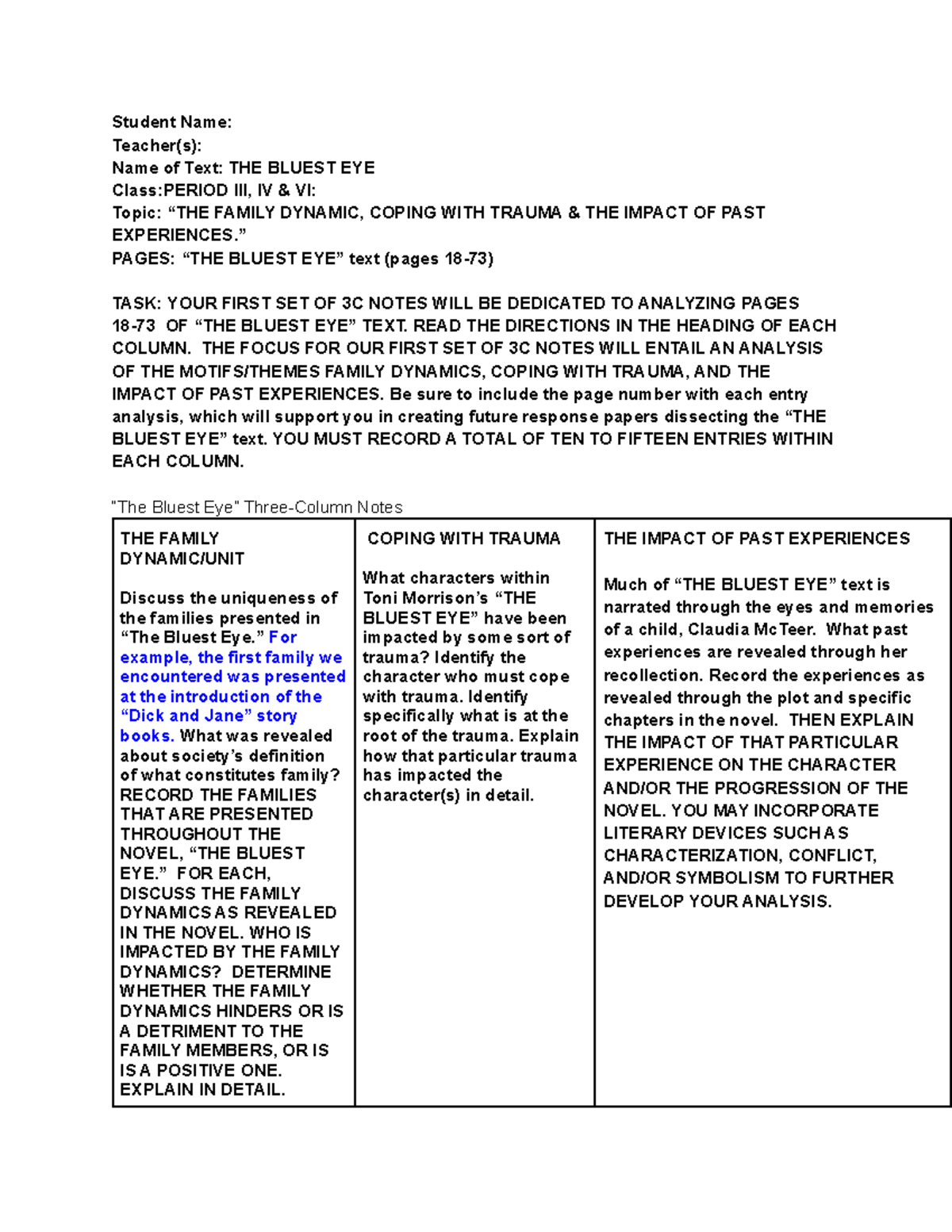 The Buest Eye 3-C Notes - Prof g - Student Name: Teacher(s): Name of ...