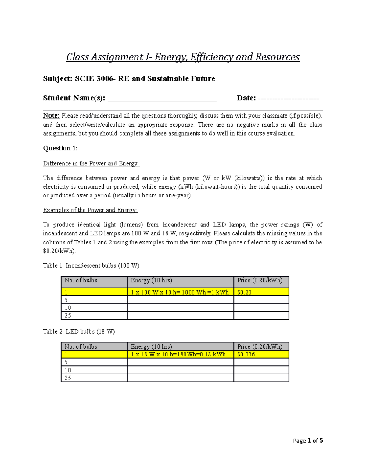SCIE3006 - Class Assignment 1: Energy Efficiency, Conservation ...
