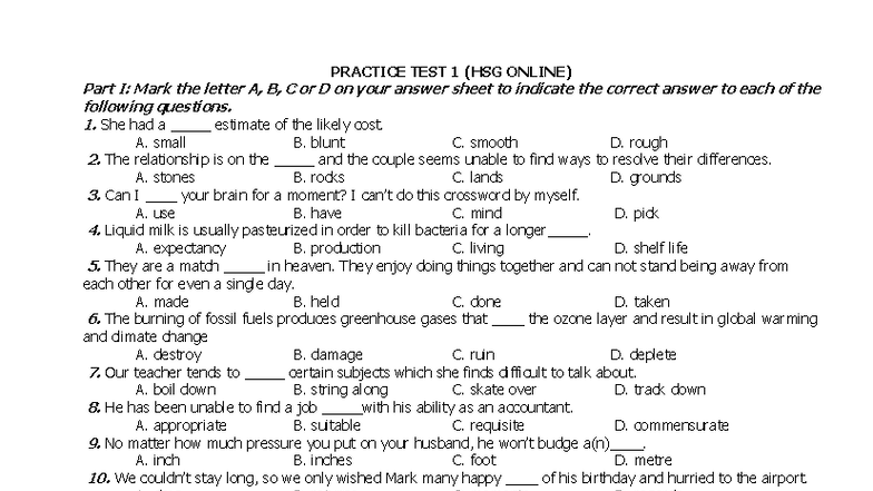 Practice Test 1 - HSG Online: Comprehensive Question Set - Studocu