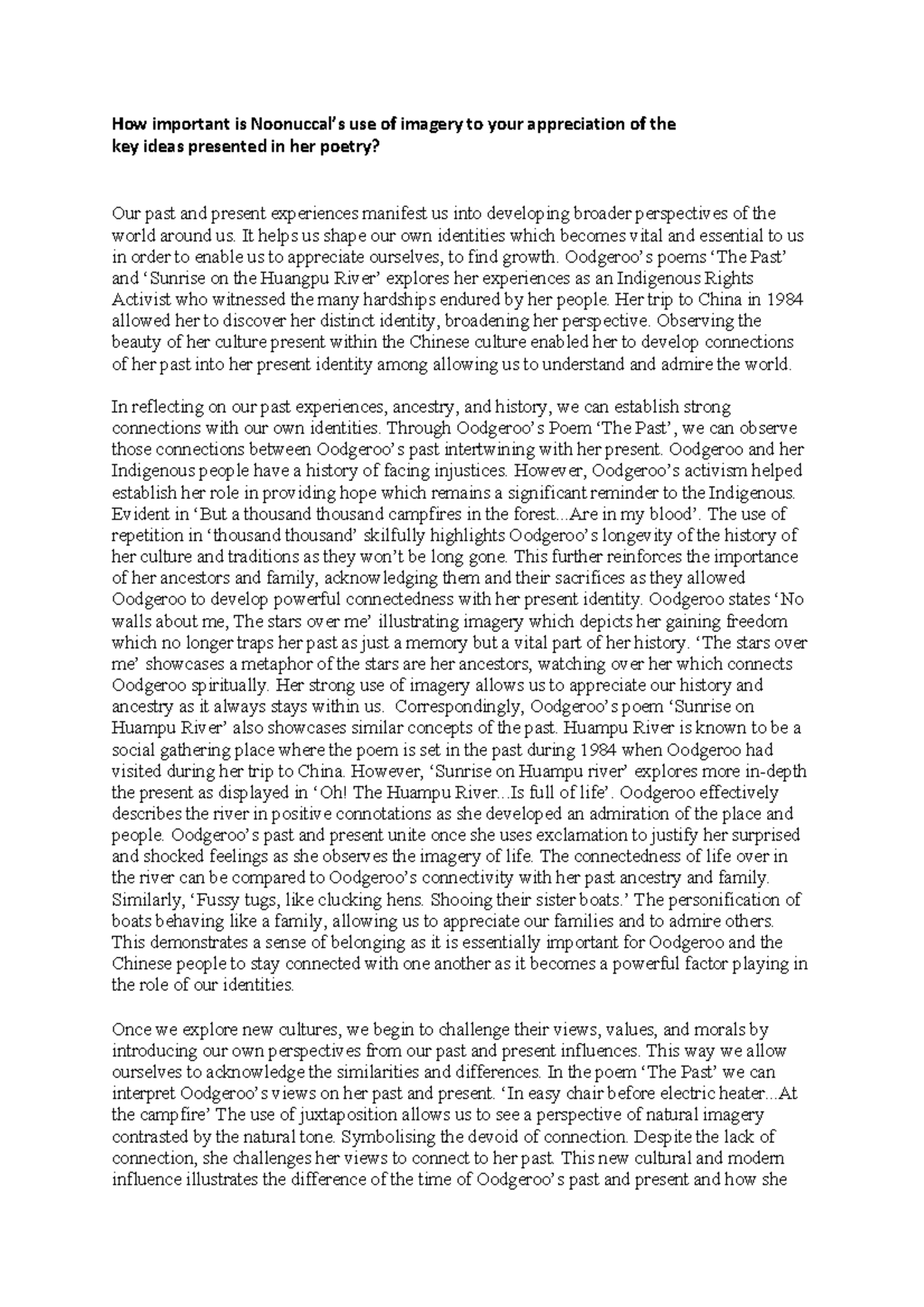 ENG101 Essay: Analyzing Imagery in Oodgeroo's Poetry on Identity - Studocu