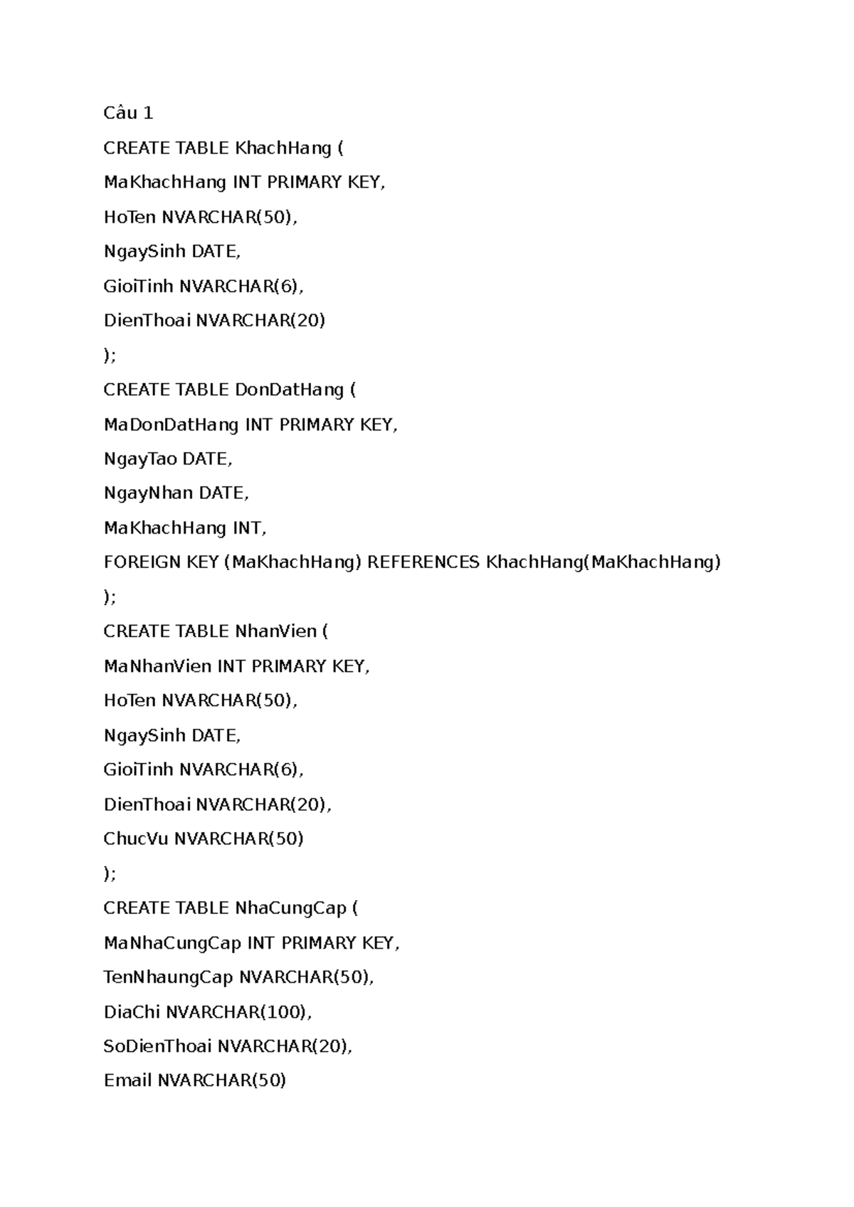 Tài liệu - Đề Cơ Sở Dữ Liệu: Tạo Bảng và Truy Vấn SQL - Studocu