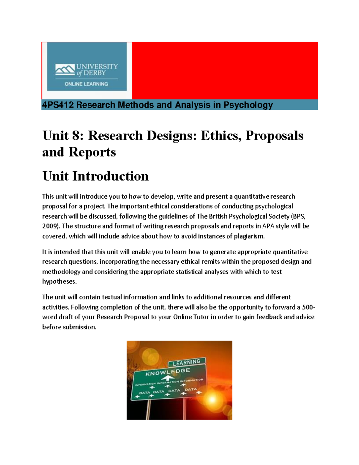 Unit 8 Research Proposal and Ethics - 4PS412 Research Methods and ...