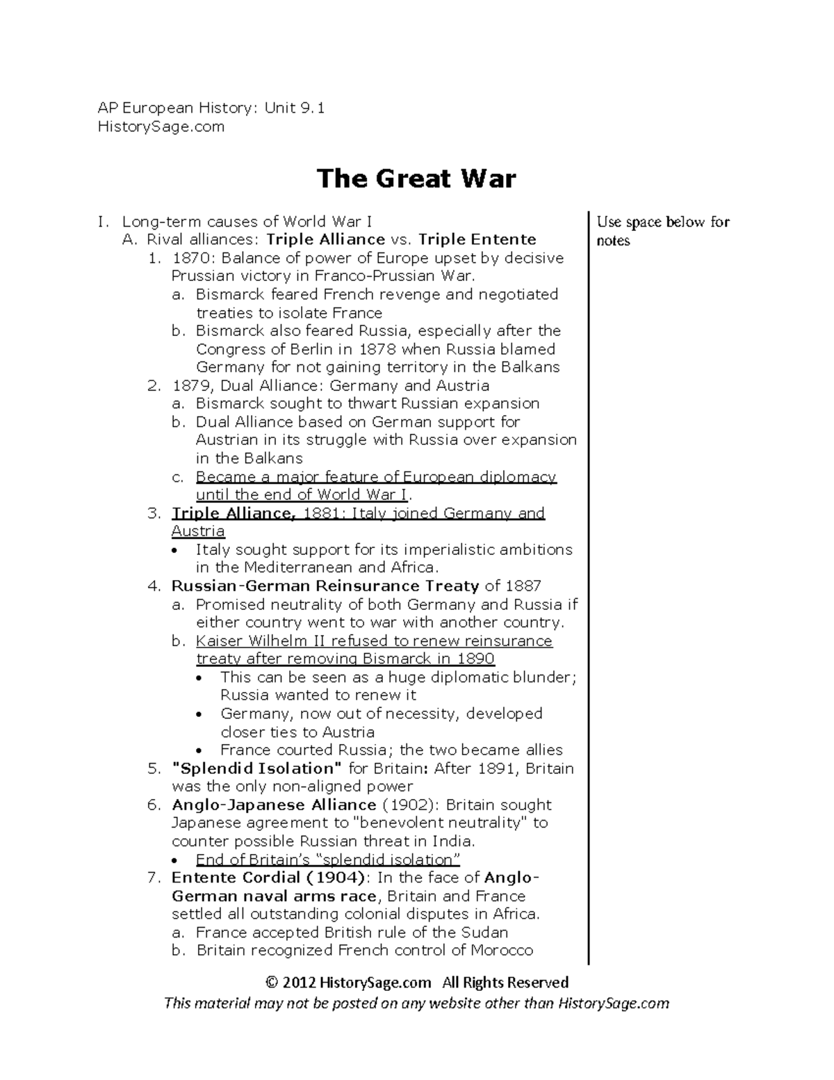 AP Euro Lecture Notes: Unit 9.1 - The Great War Overview - Studocu