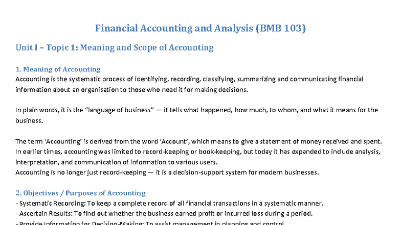 Financial Accounting and Analysis (BMB 103) Unit I: Overview of ...