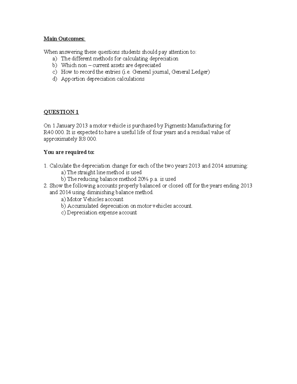 Depreciation Calculation Exercise For Accounting 101 Methods Records