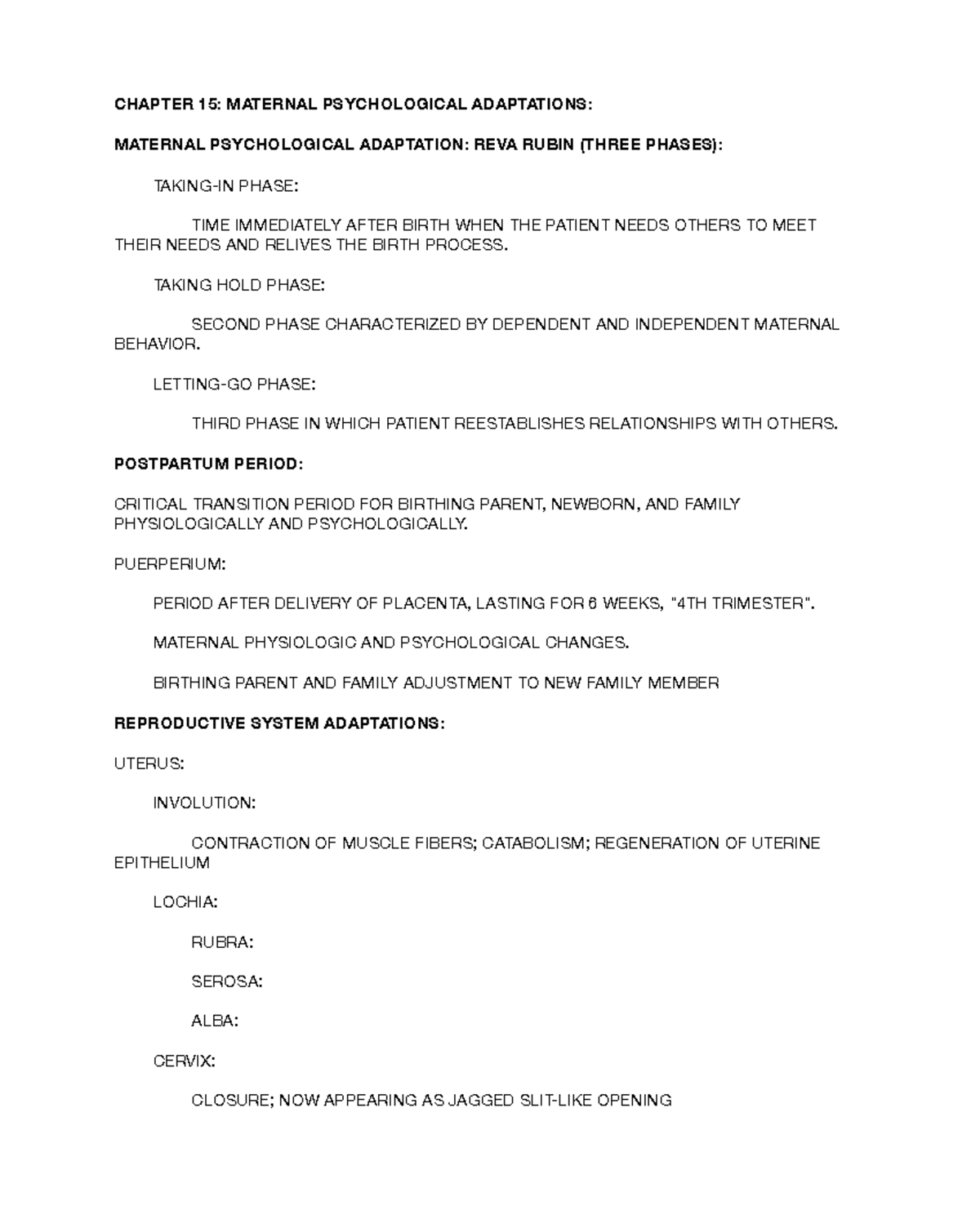 CHAPTER 15: MATERNAL PSYCHOLOGICAL ADAPTATIONS AND TRANSITIONS - Studocu