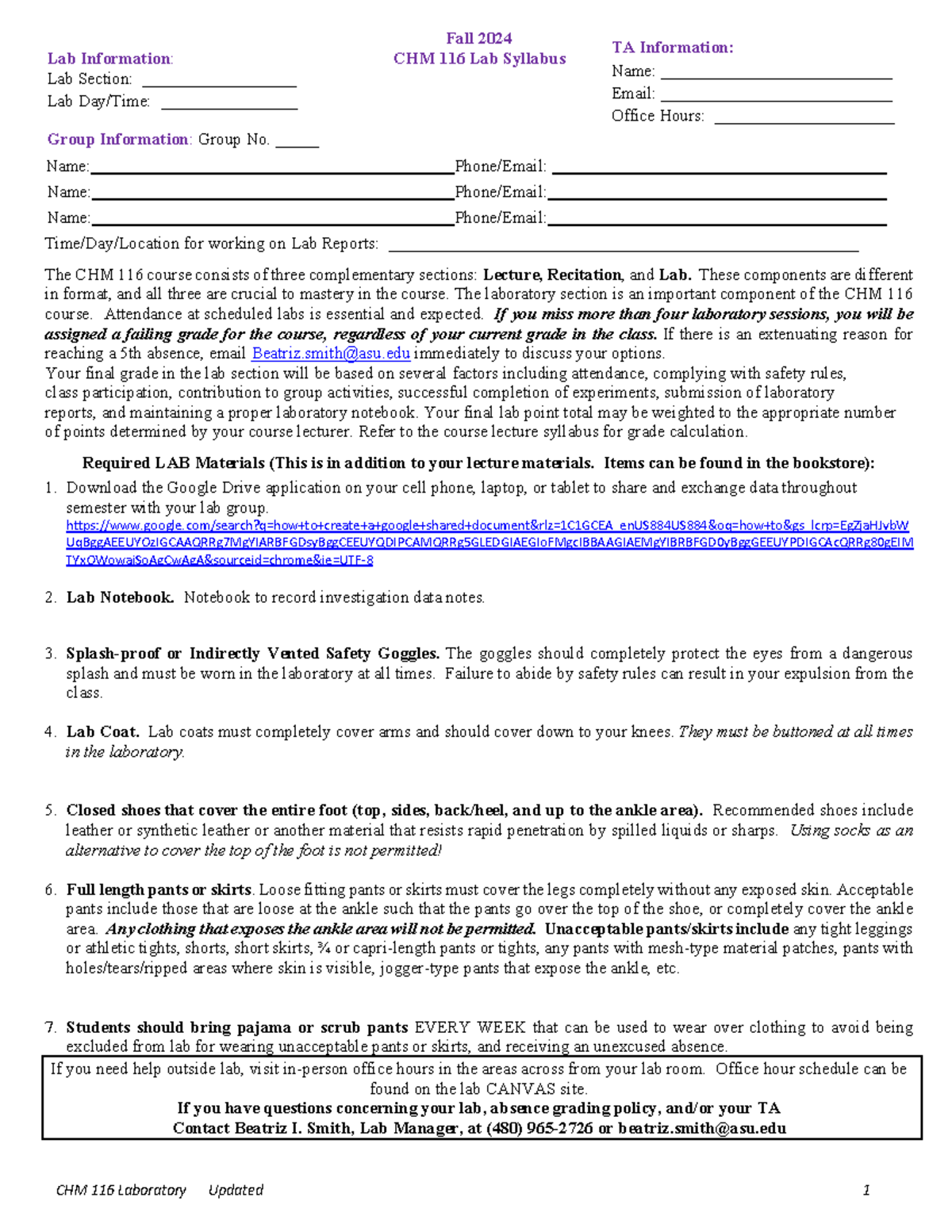 CHM 116 Laboratory Guidelines and Safety Requirements for Fall 2024 ...