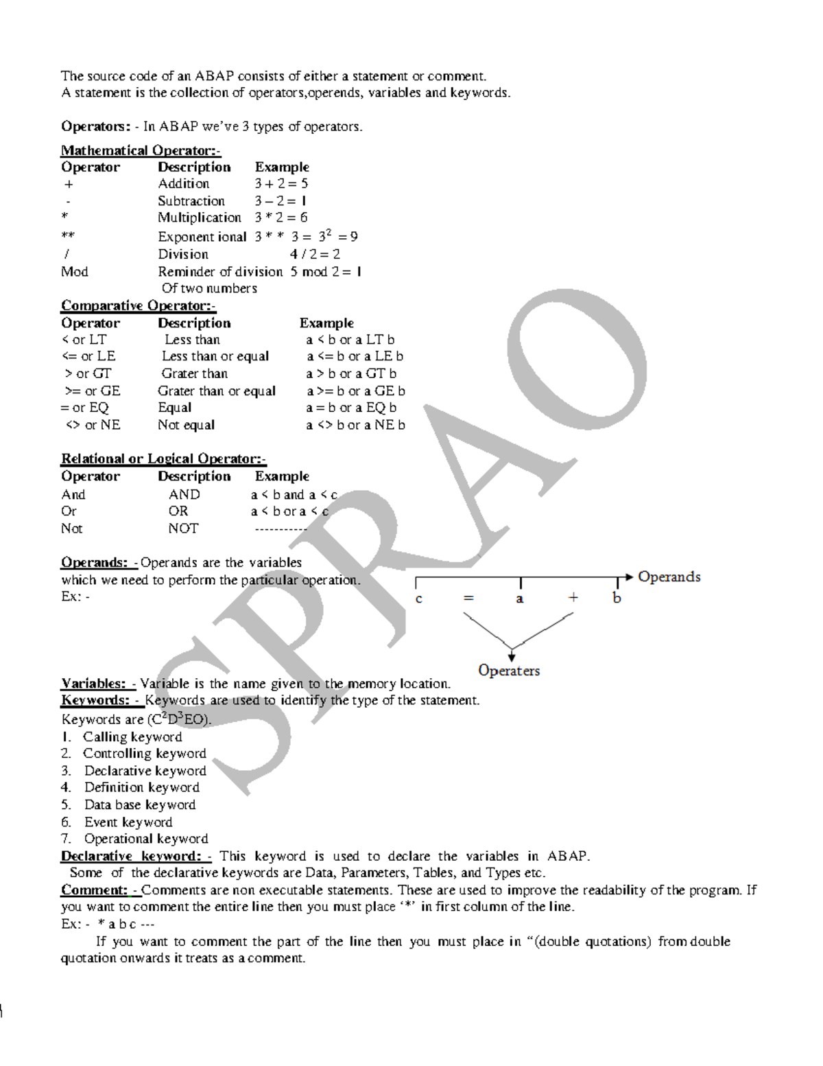 Demo Class 2 - ABAP Language Notes on Operators and Keywords - Studocu