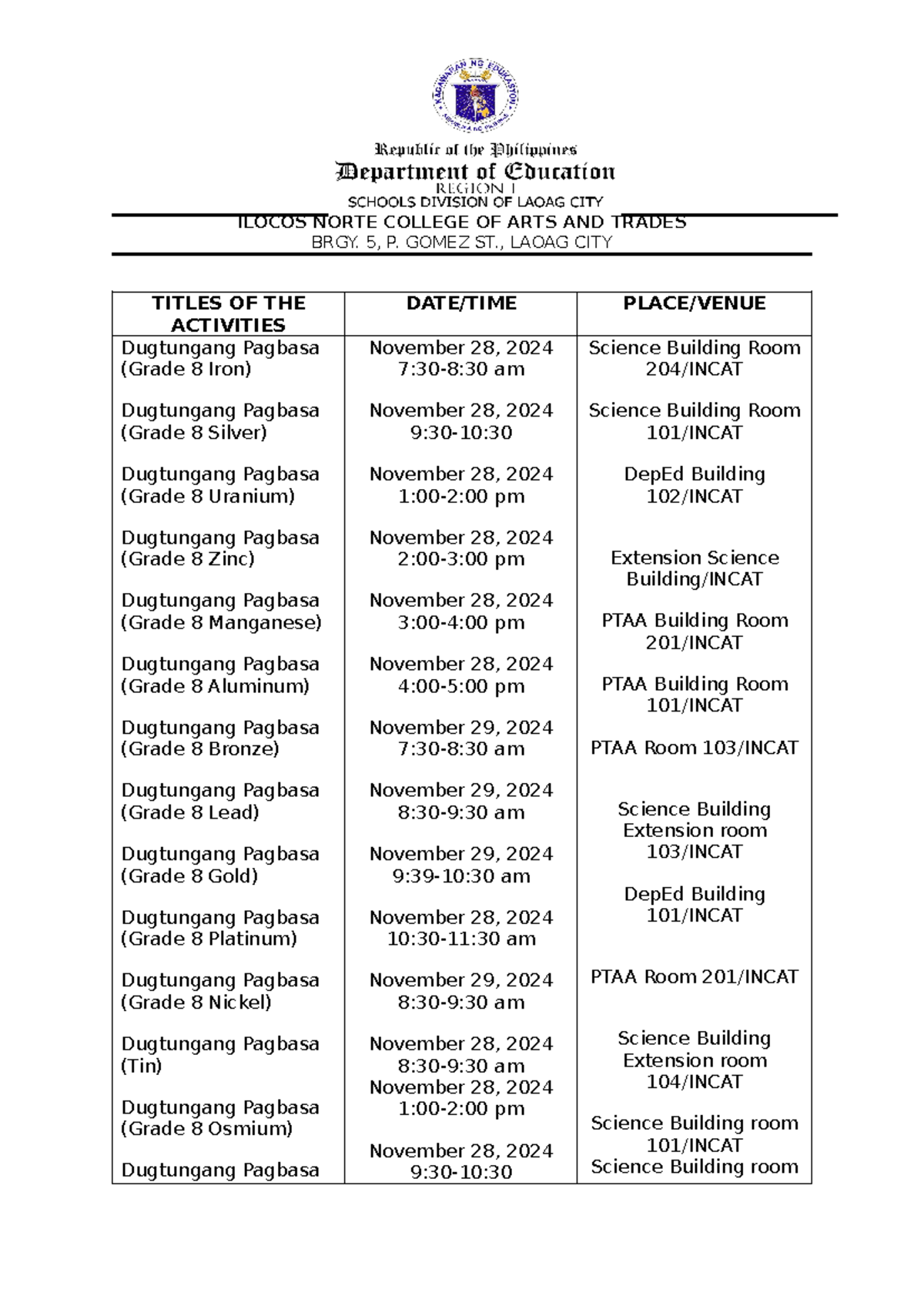 Dugtungang pagbasa grade 8 - ILOCOS NORTE COLLEGE OF ARTS AND TRADES ...