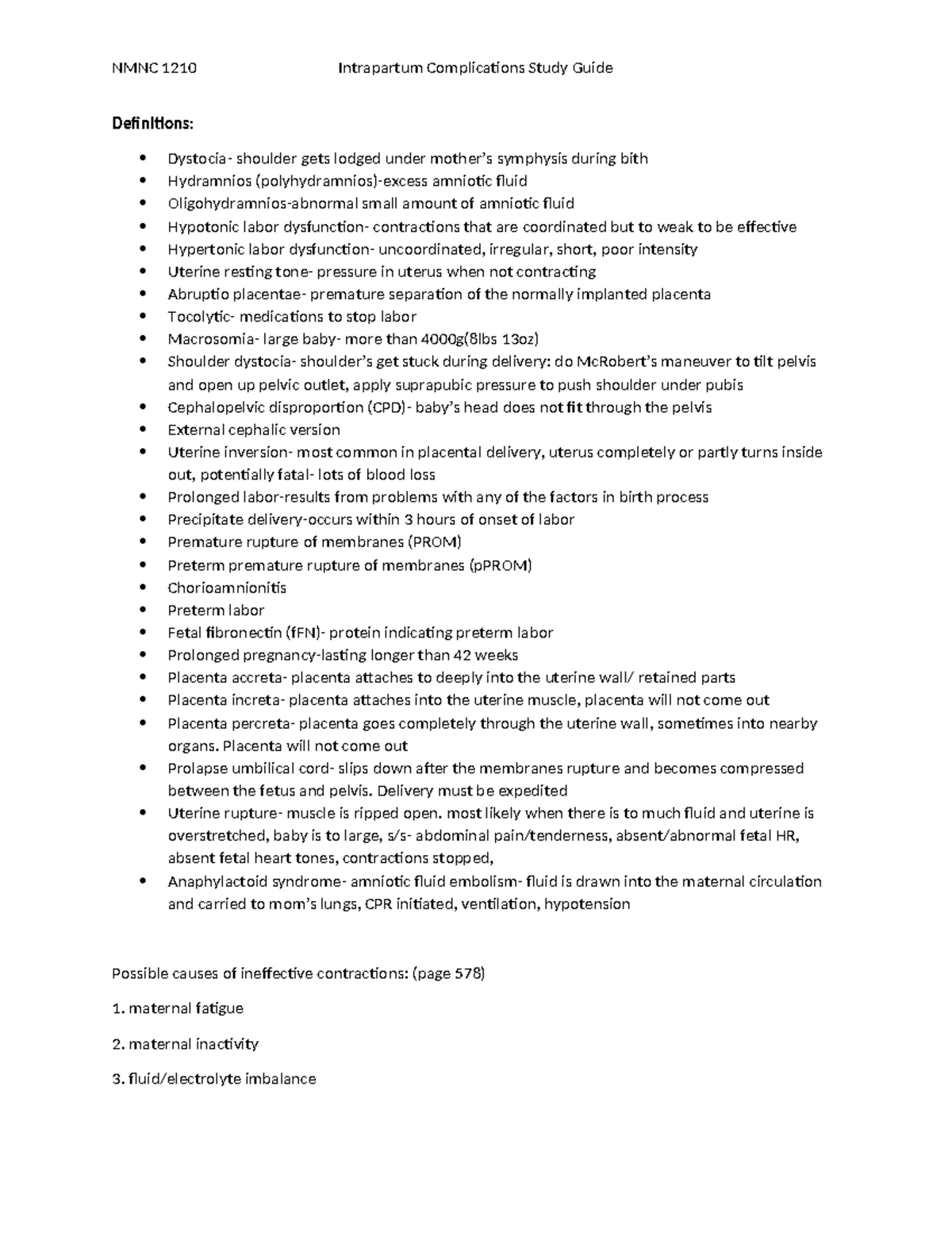 NMNC 1210 Intrapartum Complications Study Guide: Key Definitions ...