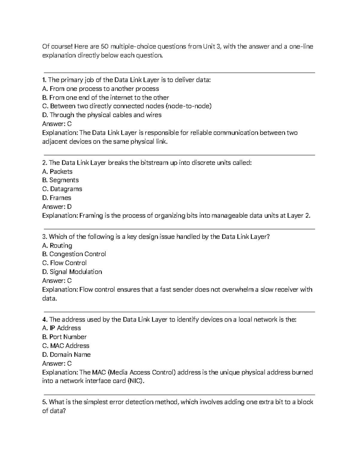 Unit 3 - 50 MCQs with Answers & Explanations for Data Link Layer - Studocu