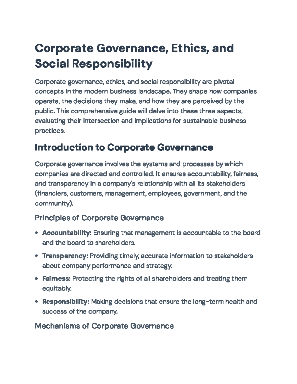 Corporate Governance, Ethics, & Social Responsibility Overview Guide ...