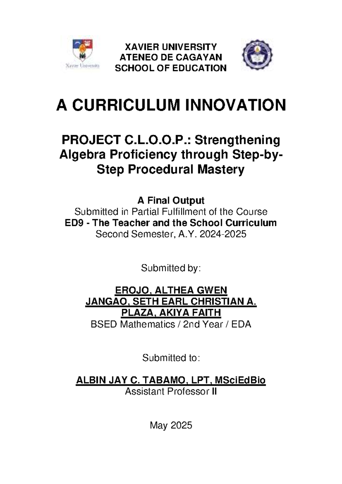 ED9 Curriculum Innovation Project: Enhancing Algebra Proficiency with C ...
